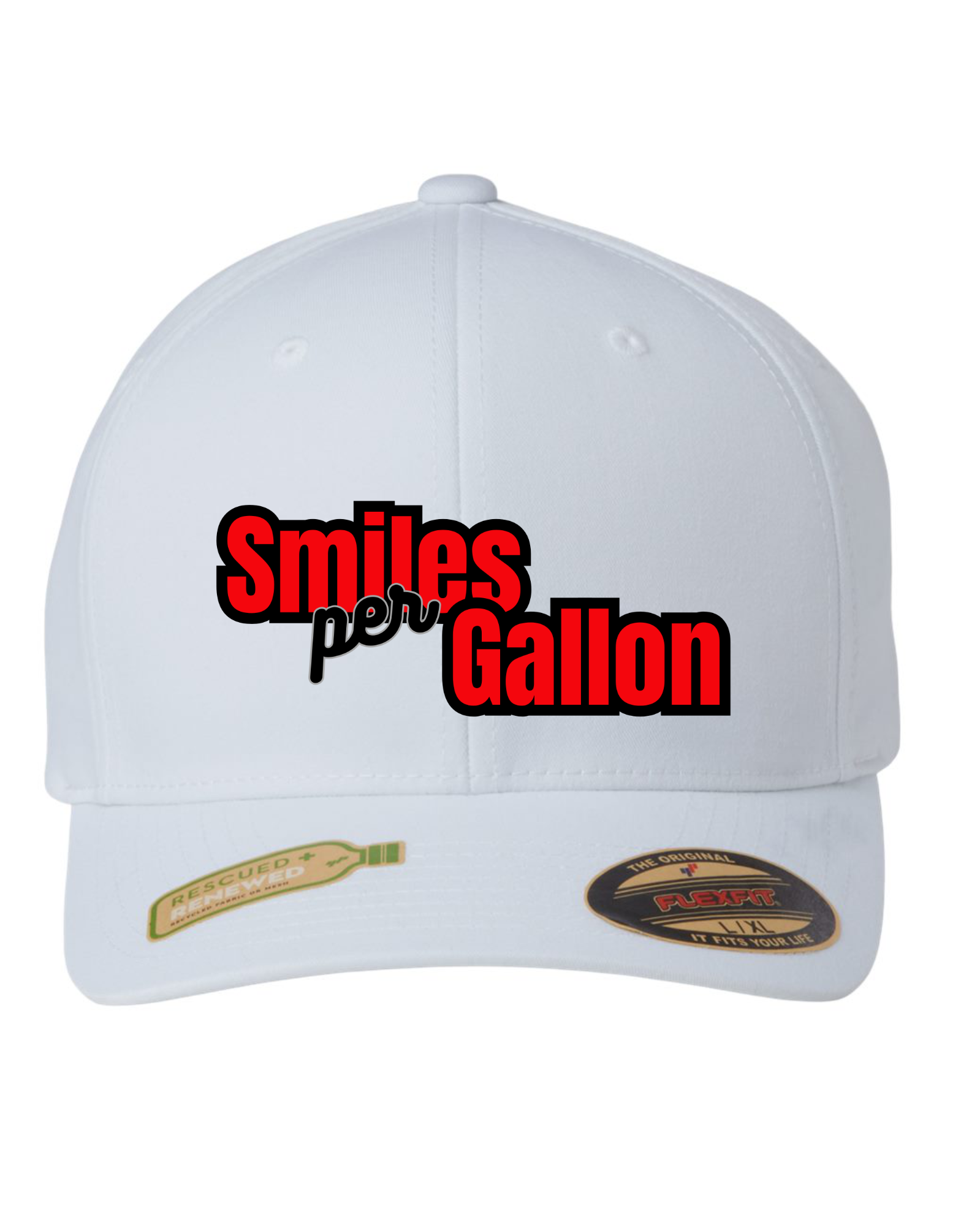 Flex fit white hat written logo – Smiles Per Gallon